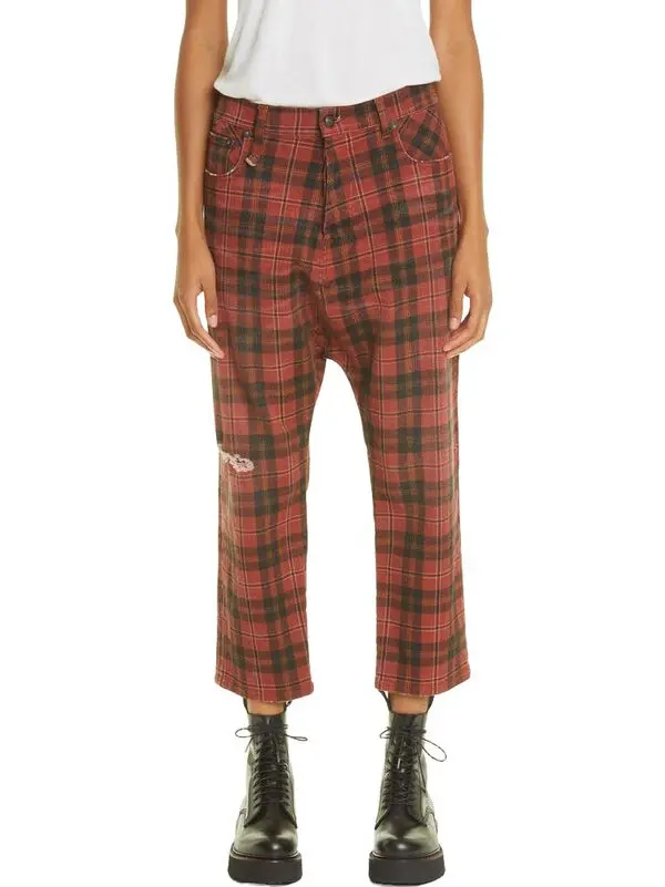 R13 Plaid Distressed Crop Trousers - Ash Red Plaid