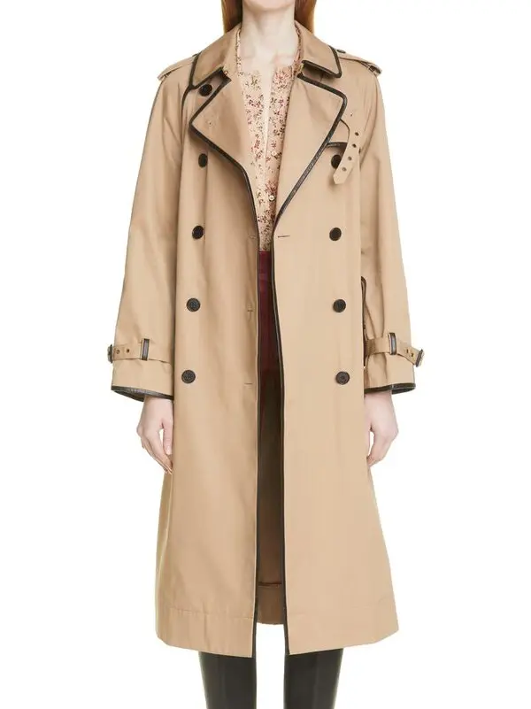 Saint Laurent Double-breasted Gabardine Trench Coat With Leather Trim - 9772 Sable
