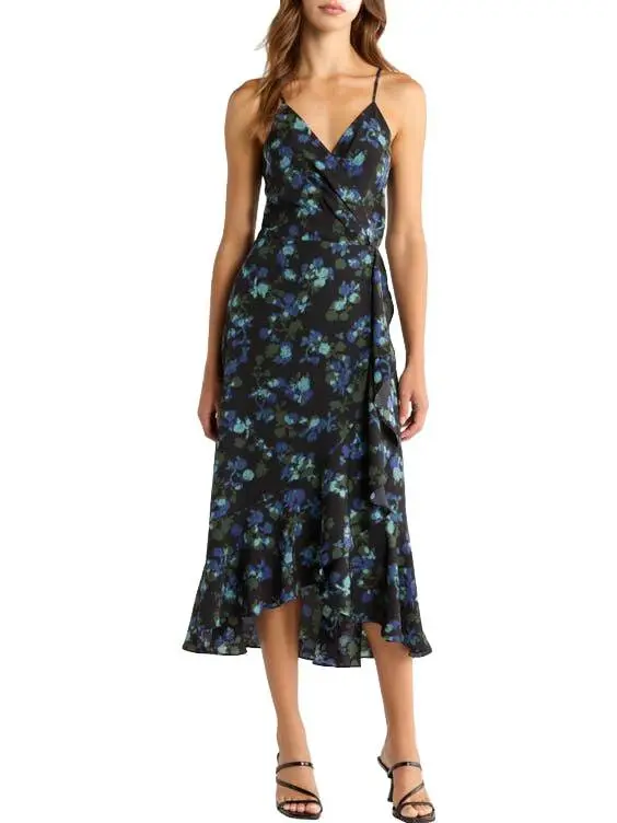 Chelsea28 Faux Wrap Midi Dress - Black- Blue Floral