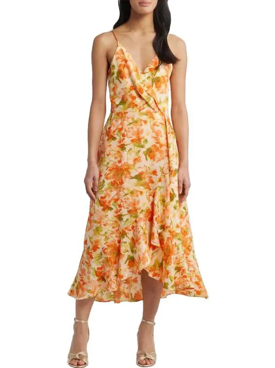Chelsea28 Faux Wrap Midi Dress - Orange- Green Rebecca Floral