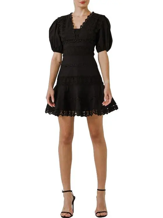 Endless Rose Plunge Neck Cotton & Linen Mini Dress - Black