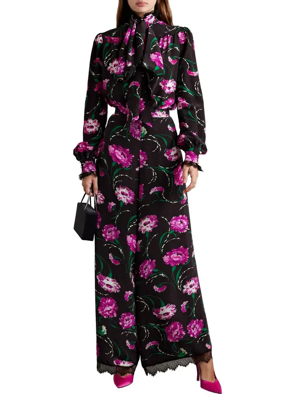 RODARTE Lace-trimmed Floral-print Silk Crepe De Chine Wide-leg Pants - Black