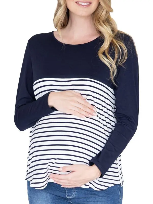 ANGEL MATERNITY Solid & Stripe Nursing Top - Navy