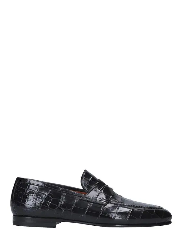 Santoni Crocodile Penny Loafers - Black