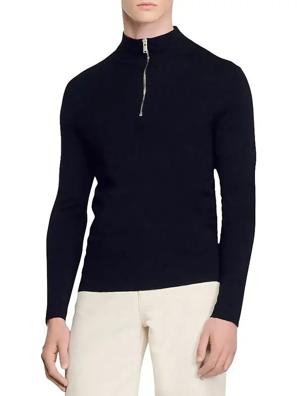 Sandro Wool Half Zip Sweater - Carbon Black