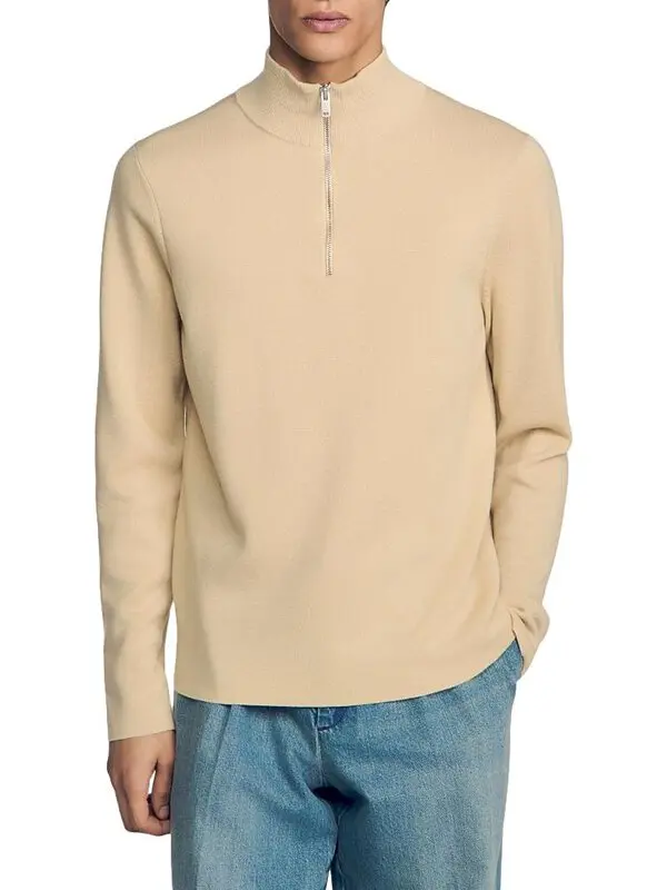 Sandro Wool Half Zip Sweater - Dark Beige