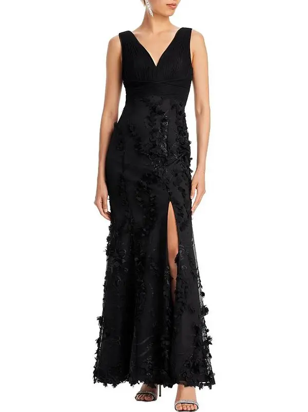 Aidan Mattox Floral Applique Mermaid Gown - Black