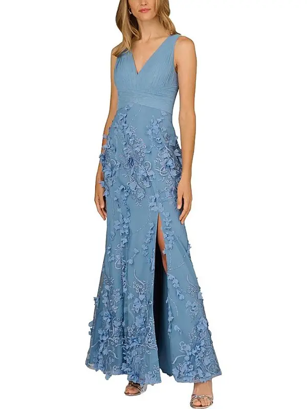 Aidan Mattox Floral Applique Mermaid Gown - Dusty Blue