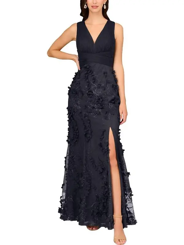 Aidan Mattox Floral Applique Mermaid Gown - Twilight Blue
