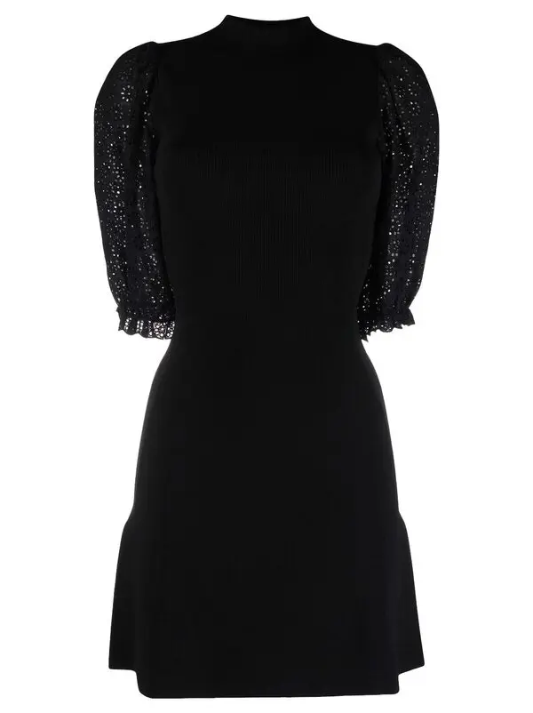 Maje Knit Crewneck Short Sleeve Dress With Lace Detail - Black