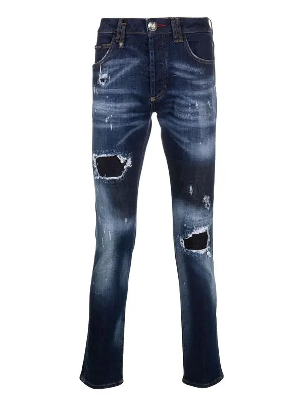 Philipp Plein Super Straight Stonewash Distressed Jeans - Blue