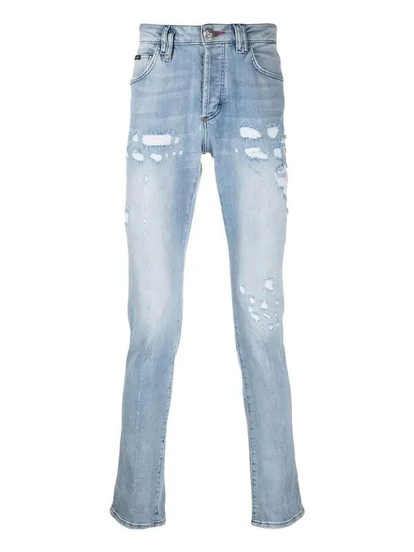 Philipp Plein Super Straight Stonewash Distressed Jeans - Blue