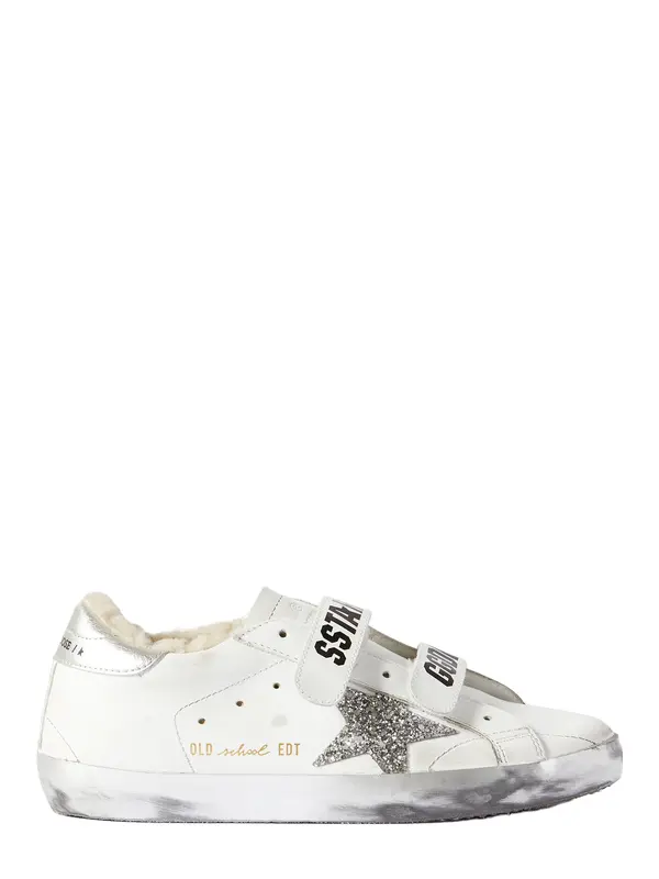 GOLDEN GOOSE Old School Shearling-lined Distressed Glittered Leather Sneakers - White