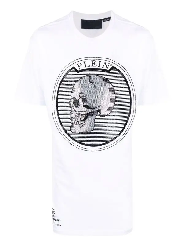Philipp Plein Outline Skull Crystal Cotton T-shirt - White
