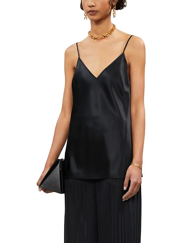 JOSEPH Clea V-neck Silk-satin Top - Black