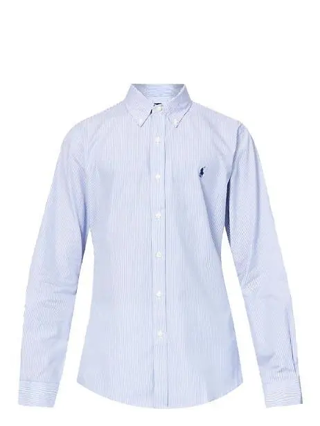 Polo Ralph Lauren Long-sleeved Logo-embroidered Slim-fit Stretch Cotton-poplin Shirt - Blue Wht Stripe