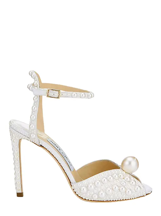 JIMMY CHOO Sacora 100 Pearl-embellished Satin Sandals - White/white
