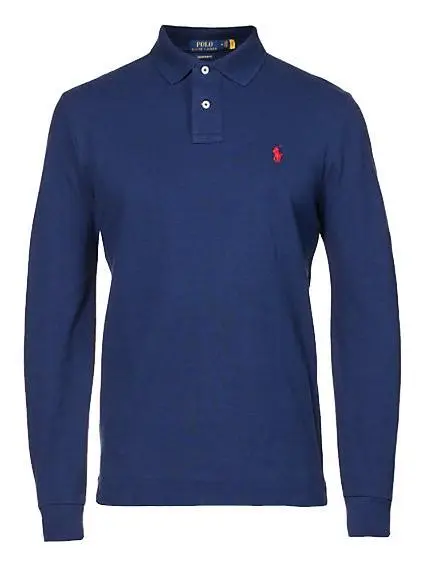 Polo Ralph Lauren Long-sleeved Logo-embroidered Custom Slim-fit Cotton-piqué Polo Shirt - Newport Navy