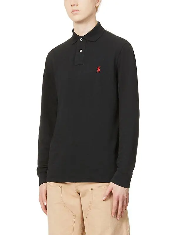 Polo Ralph Lauren Long-sleeved Logo-embroidered Custom Slim-fit Cotton-piqué Polo Shirt - Polo Black
