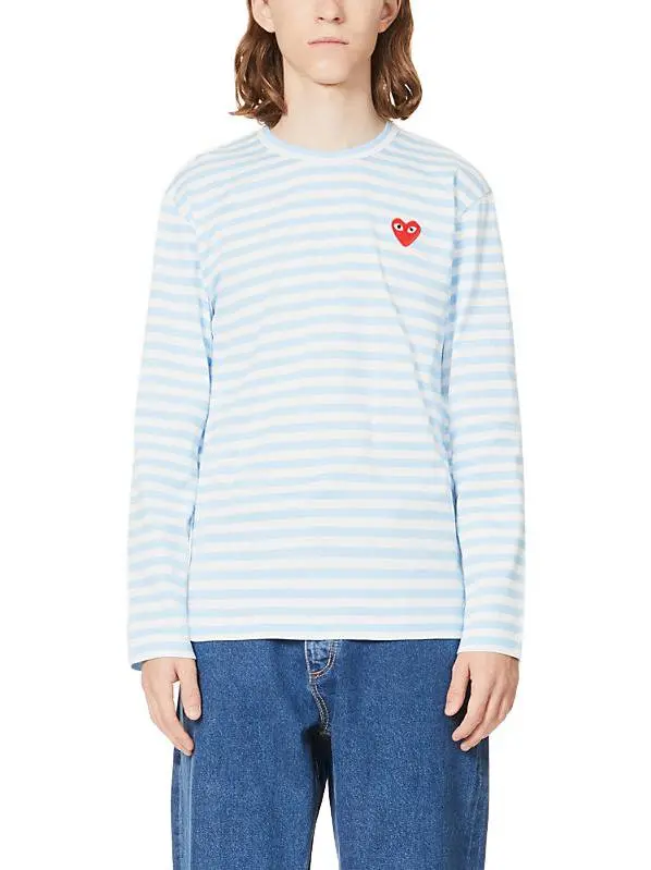 Play Comme Des Garcon Heart-appliqué Striped Cotton-jersey Top - Blue