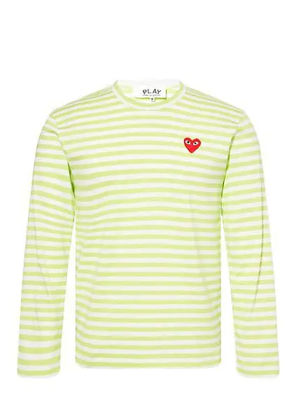 Play Comme Des Garcon Heart-appliqué Striped Cotton-jersey Top - Grn X Wht