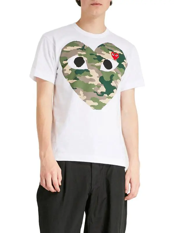 Play Comme Des Garcon Big Heart Camouflage Cotton-jersey T-shirt - White