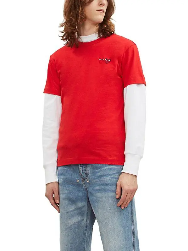 Play Comme Des Garcon Double Small Heart-appliquéd Cotton-jersey T-shirt - Red