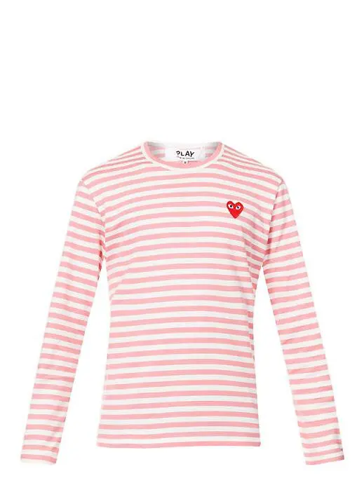 Play Comme Des Garcon Branded Stripe-print Cotton-jersey Top - Pink X Wht