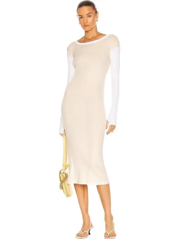 Enza Costa Cashmere Colorblock Long Sleeve Crew Dress - Natural & White