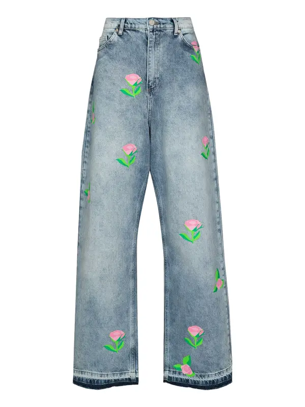 Natasha Zinko Rose-print Wide-leg Jeans - Blue