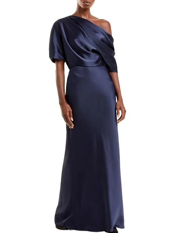 Amsale Draped Satin One-shoulder Gown - Navy