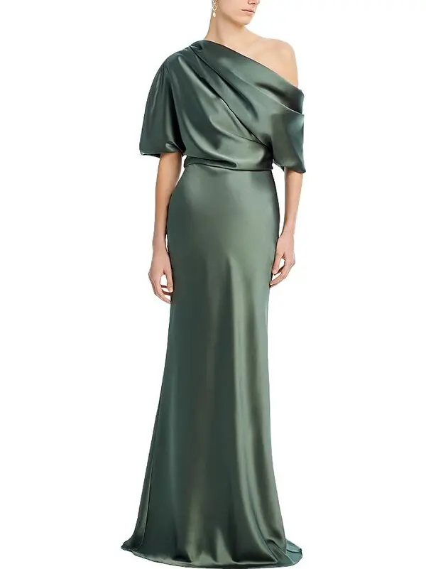 Amsale Draped Satin One-shoulder Gown - Olive