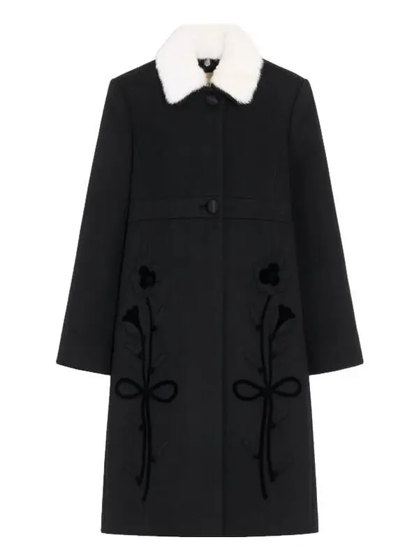 Valentino Garavani Black Compact Drap Coat With Floral Embroidery - Black/white