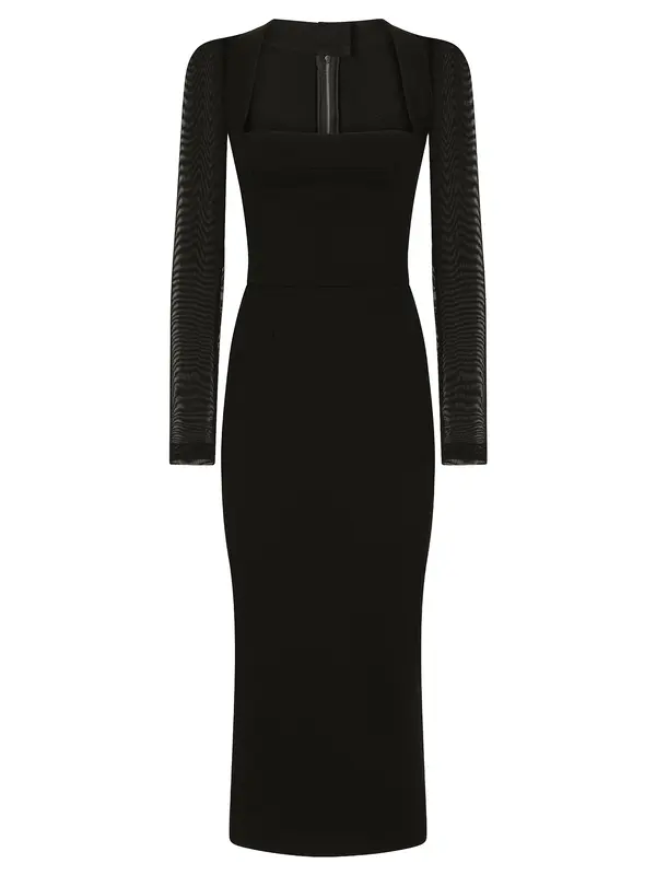 Dolce & Gabbana Sable Calf-length Dress With Tulle Sleeves - Black