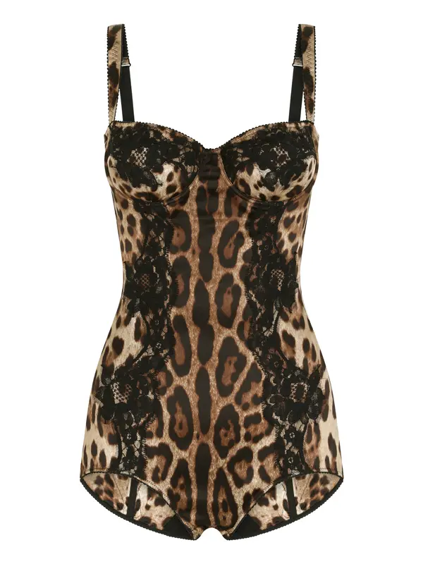 Dolce & Gabbana Silk Balconette Lingerie Bodysuit With Leopard-print And Lace Details - Animal Print