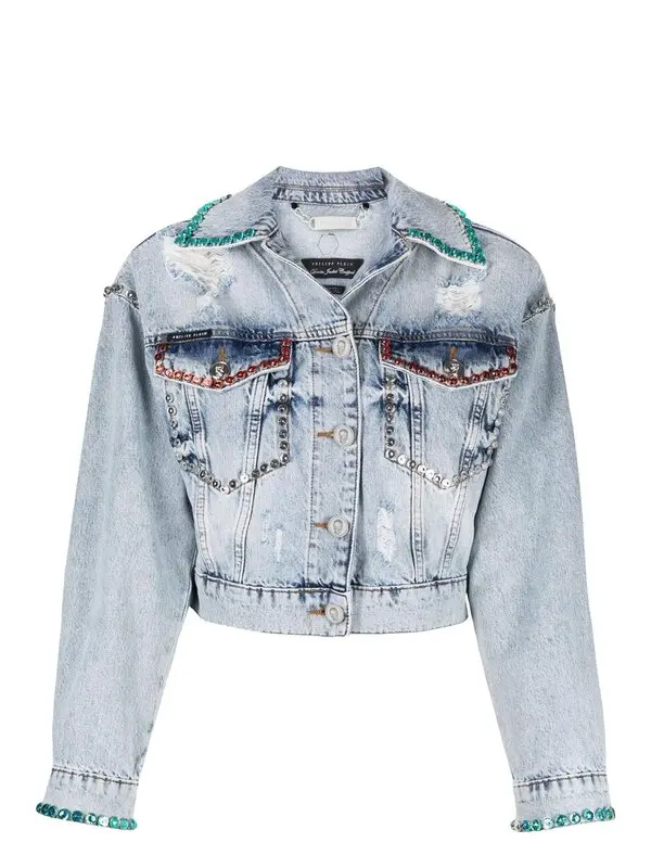 Philipp Plein Crystal-embellished Distressed Denim Jacket - Blue