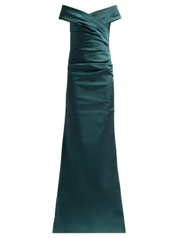 Rickie Freeman For Teri Jon Off-the-shoulder Ruched Satin Gown - Forest