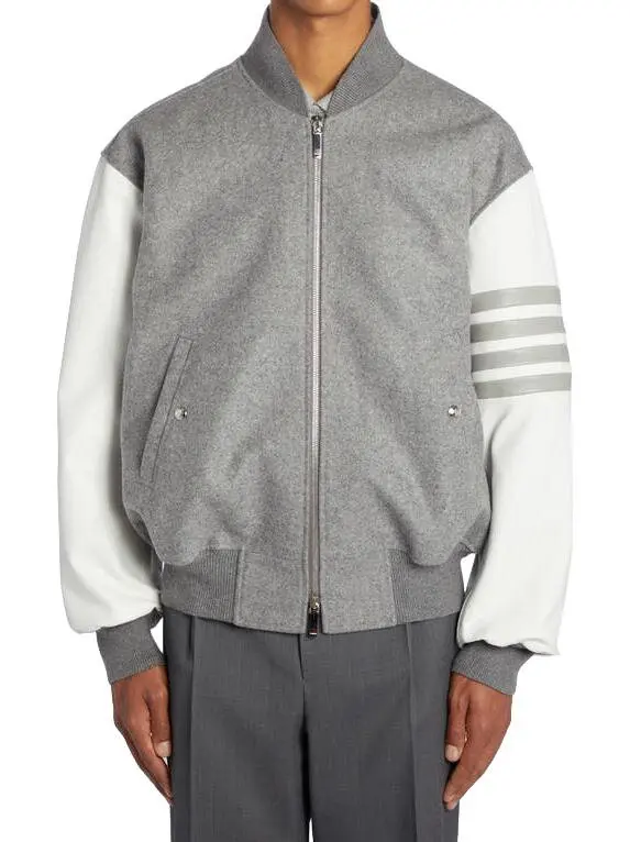 Thom Browne 4-bar Oversize Wool & Leather Bomber Jacket - Medium Grey