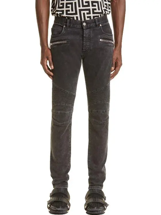 Balmain Moto Slim Fit Jeans - Washed Black
