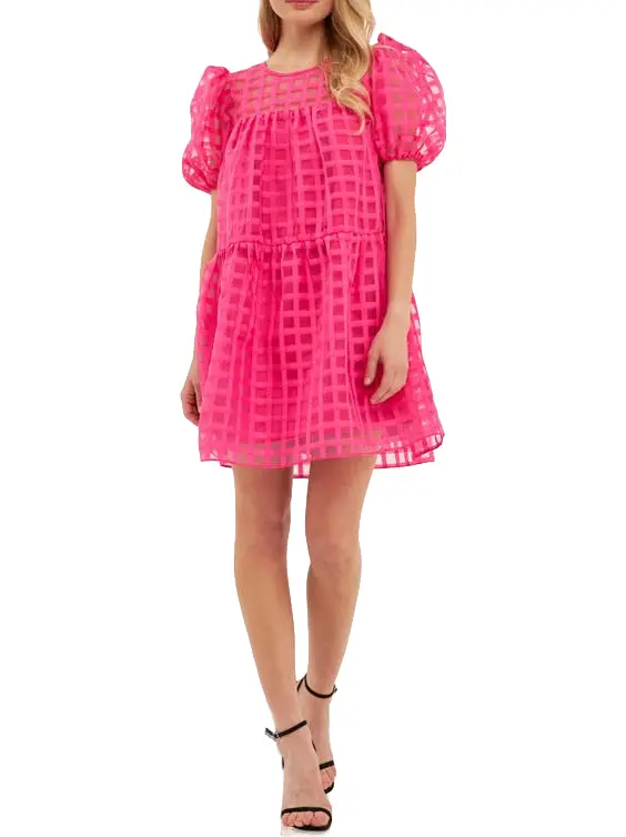 English Factory Gridded Puff Sleeve Mini Dress - Fuchsia
