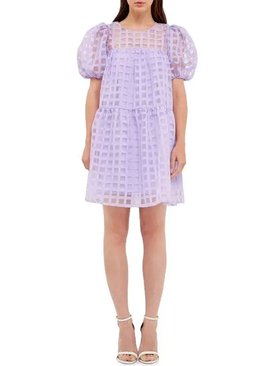 English Factory Gridded Puff Sleeve Mini Dress - Lavender