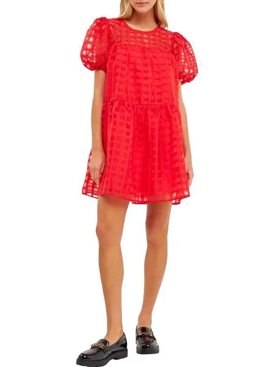 English Factory Gridded Puff Sleeve Mini Dress - Red