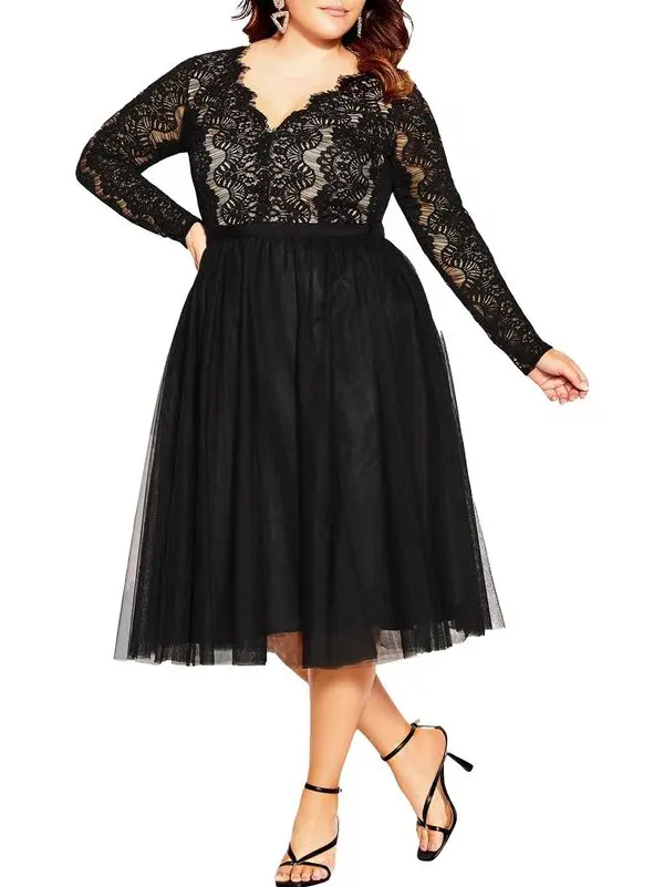 City Chic Lace Bodice Long Sleeve Dress - Black