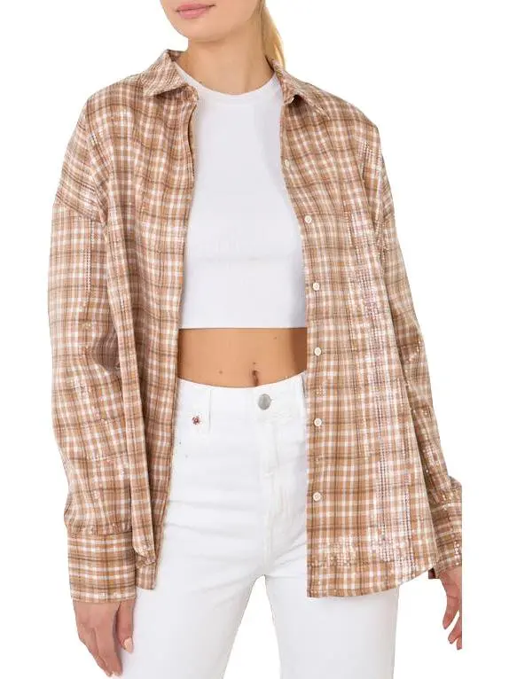 GREY LAB Plaid Sequin Shirt - Tan