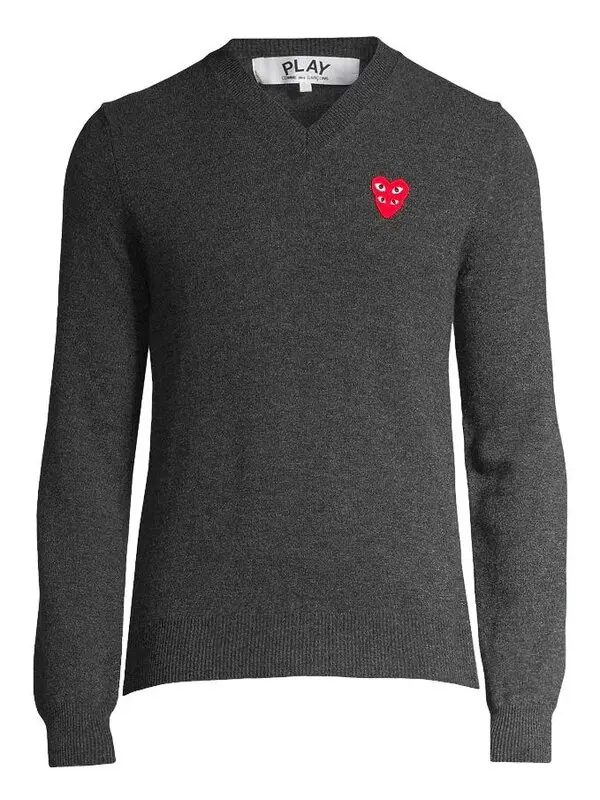 Play Comme Des Garcon Play Double Heart V-neck Pullover - Grey
