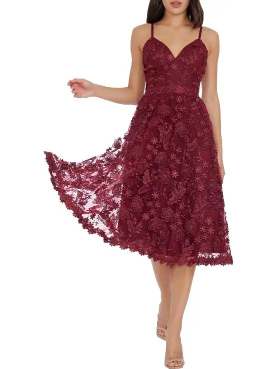 Dress The Population Tahani Floral Embroidered Fit & Flare Midi Dress - Burgundy