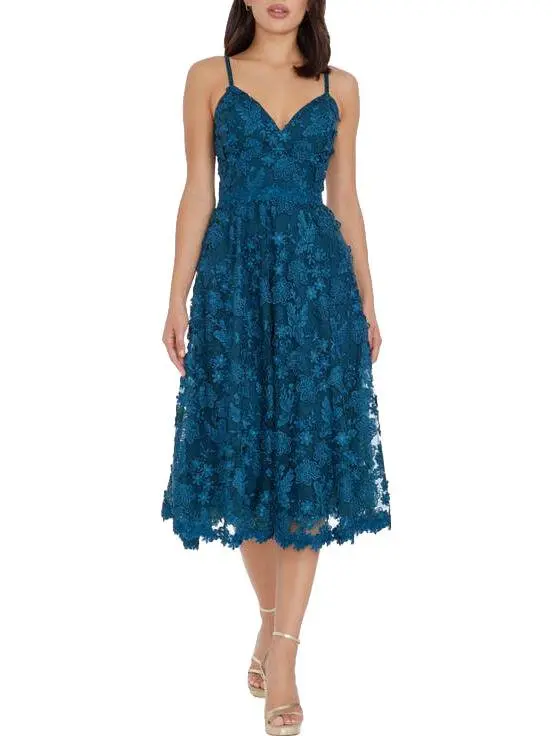 Dress The Population Tahani Floral Embroidered Fit & Flare Midi Dress - Peacock Blue