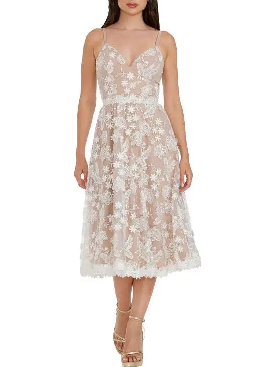 Dress The Population Tahani Floral Embroidered Fit & Flare Midi Dress - White/ Nude