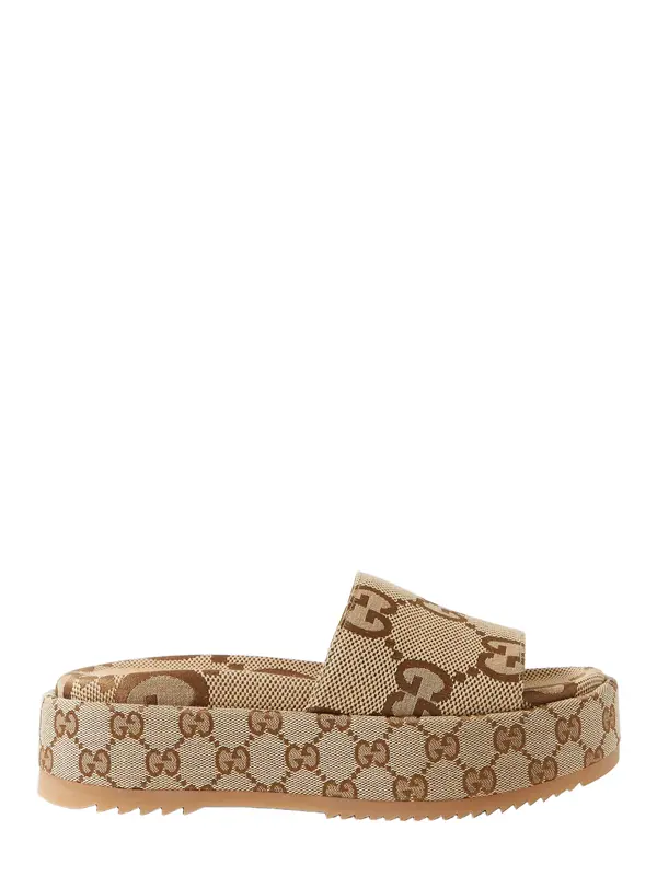 Gucci Angelina Logo-jacquard Platform Slides - Beige