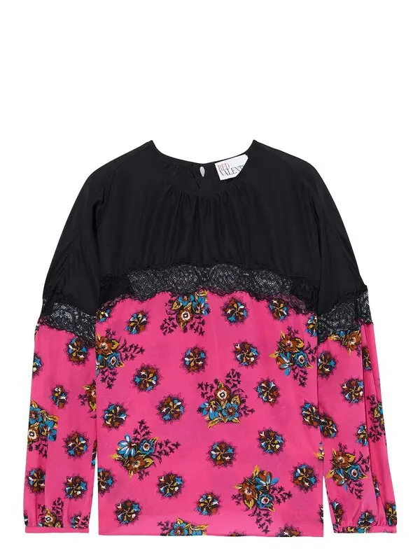 Red Valentino Lace-trimmed Floral-print Silk Crepe De Chine Blouse - Bright Pink